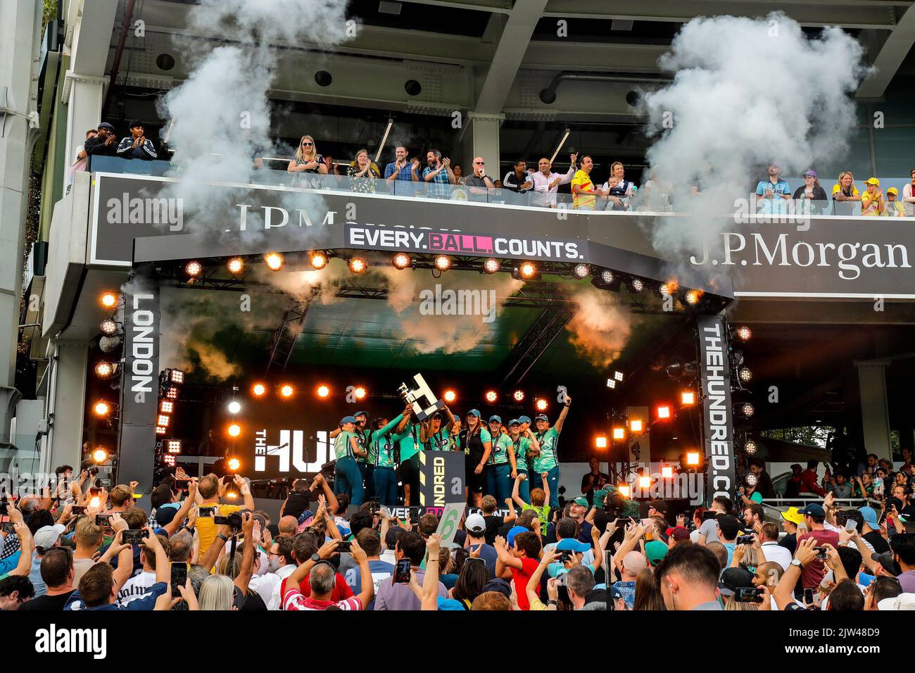 Oval Invinciples players celebrate winning with the trophy during the ...