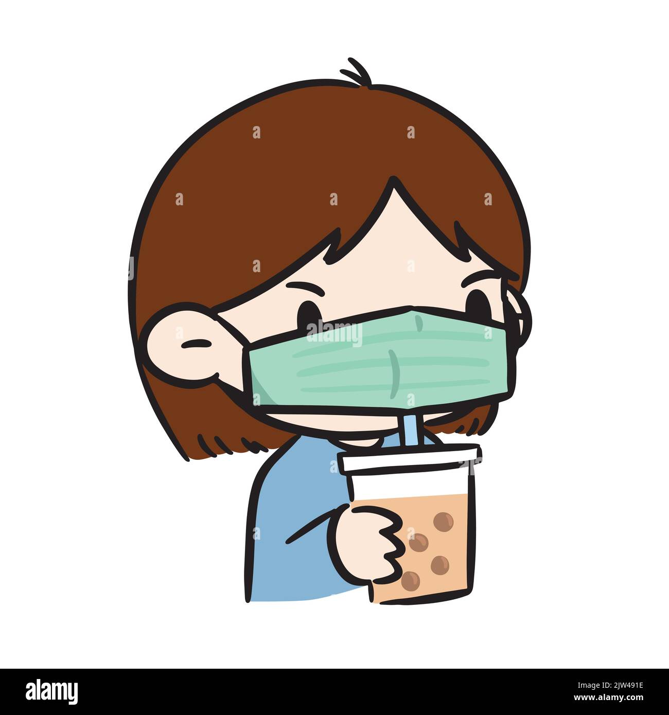 Hand drawn cartoon of a girl drinking bubble milk tea while wearing a ...