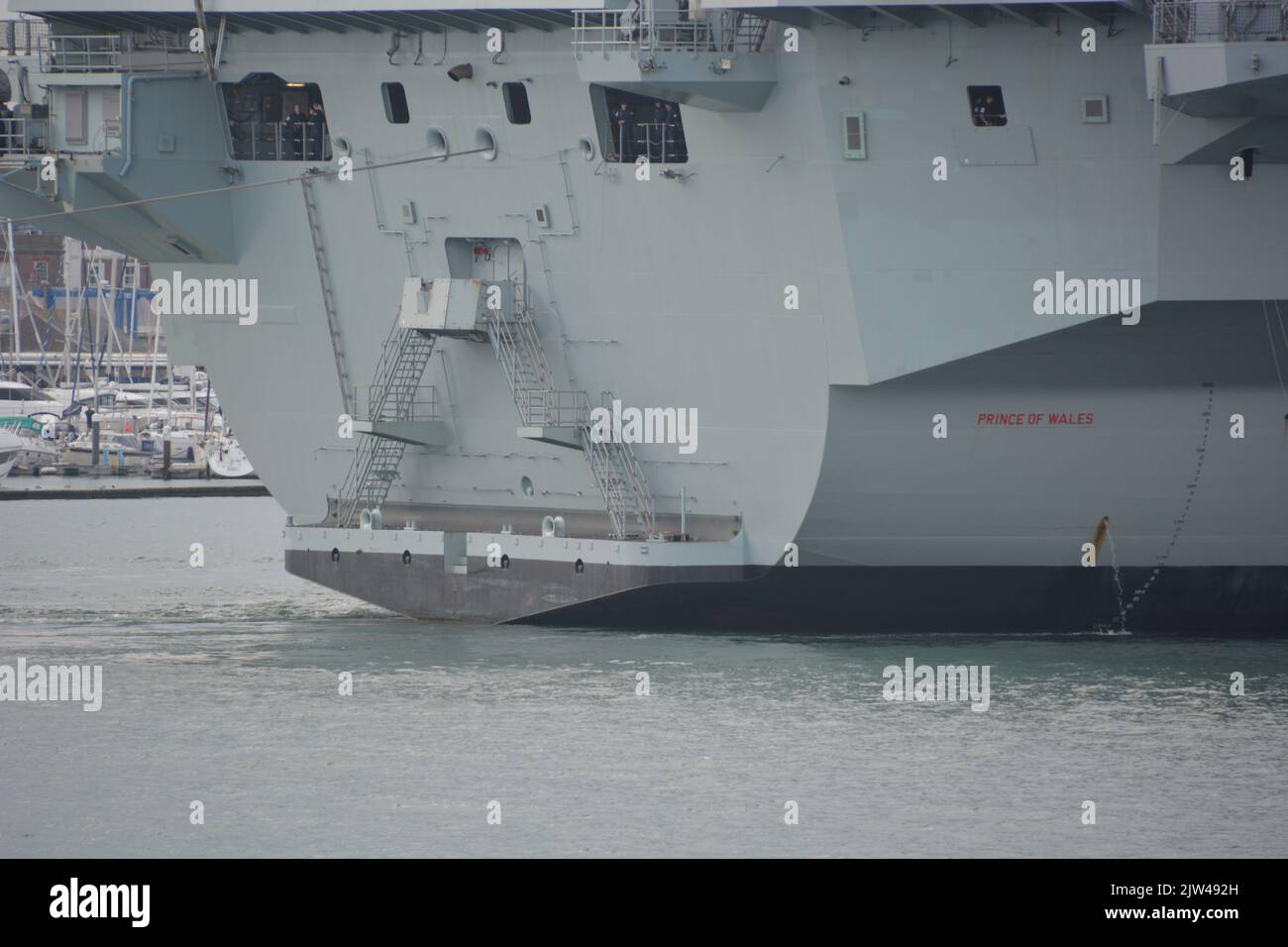 A wake can only be seen from the port side of HMS Prince of Wales as it ...