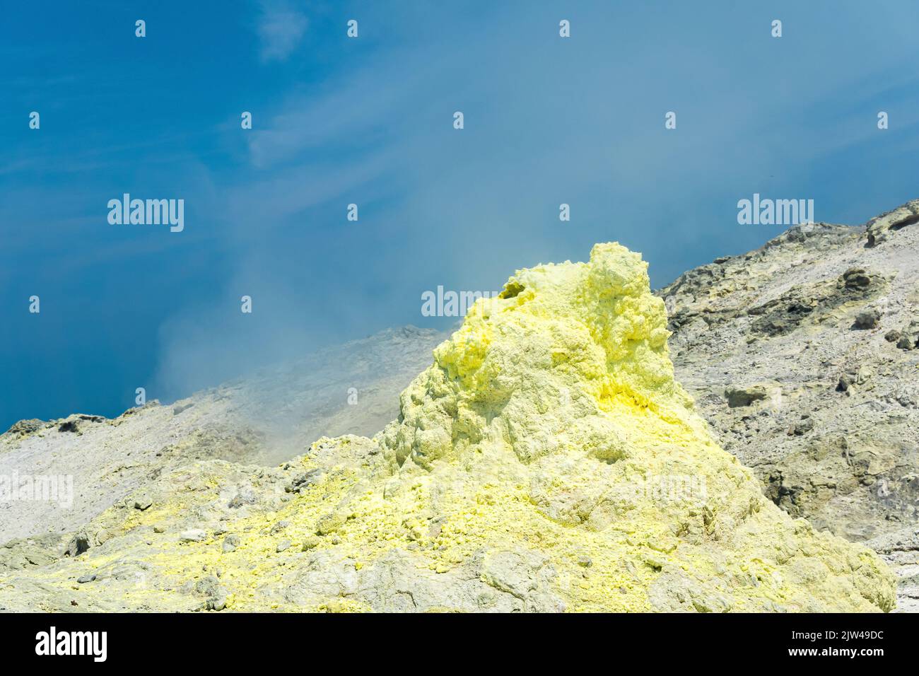 cone of sulfur deposits around a fumarole in a solfataric field against ...