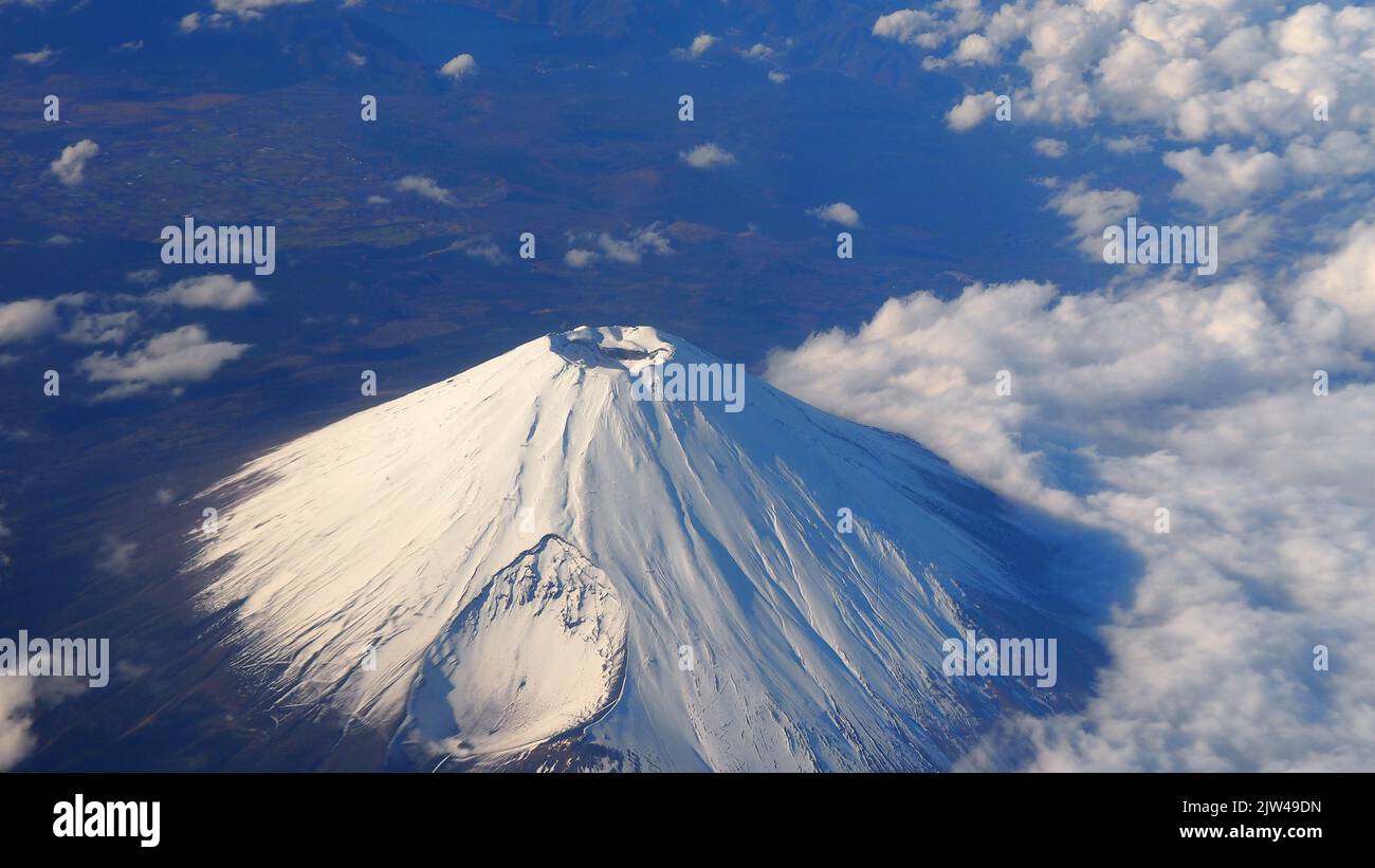 Rare images top view angle of Mt. Fuji mountain and white snow cover on ...