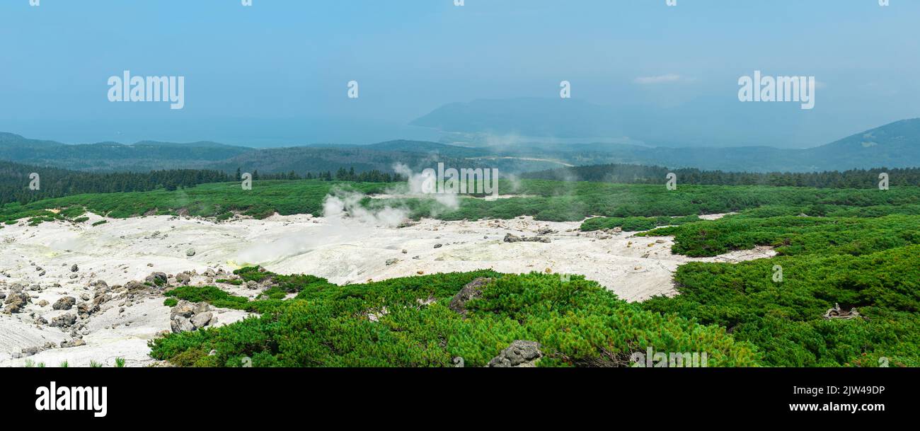 fumarole field on the slope of Mendeleev volcano on Kunashir island ...