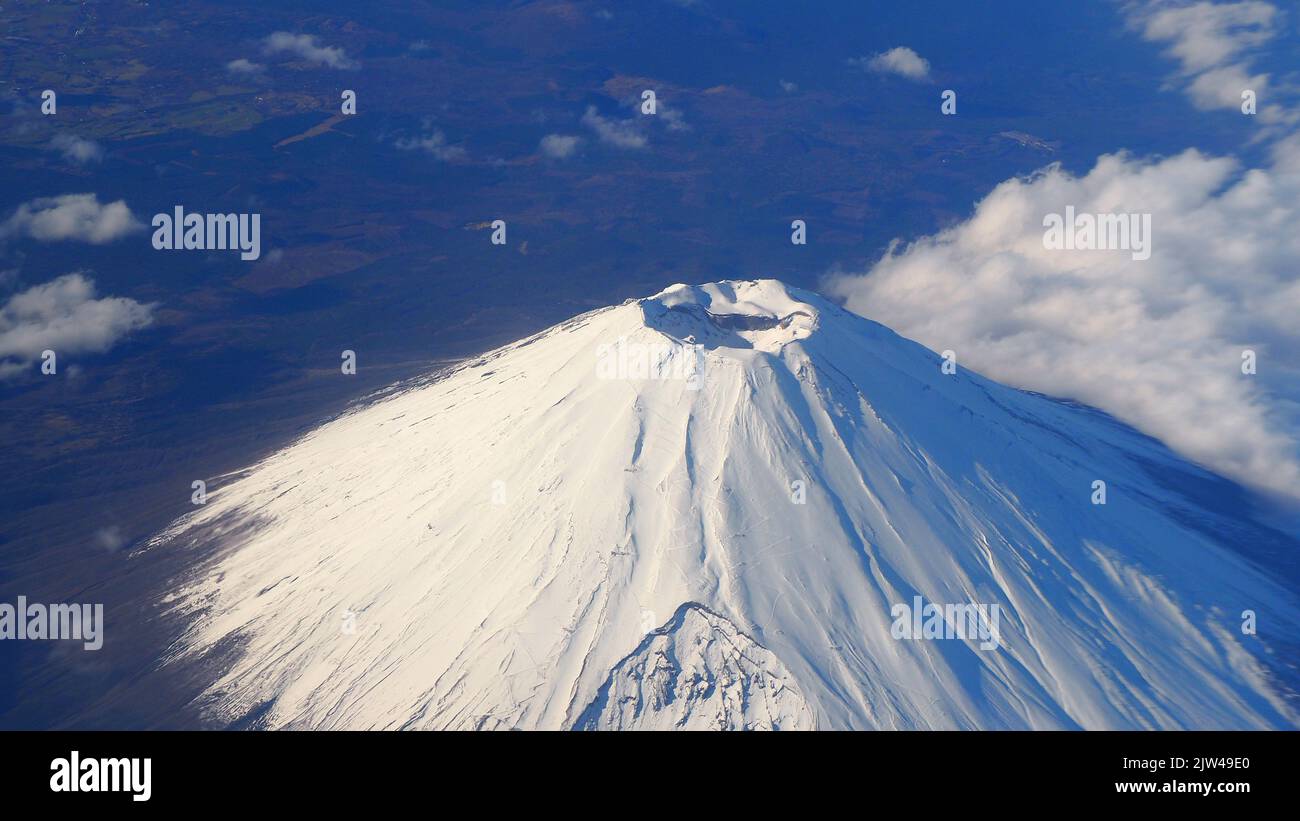 Rare images top view angle of Mt. Fuji mountain and white snow cover on ...