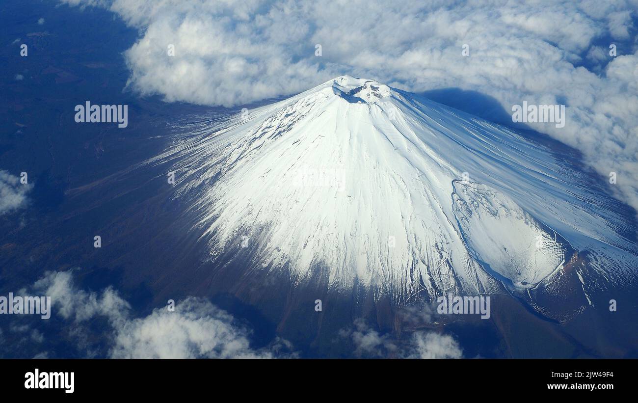 Rare images top view angle of Mt. Fuji mountain and white snow cover on ...