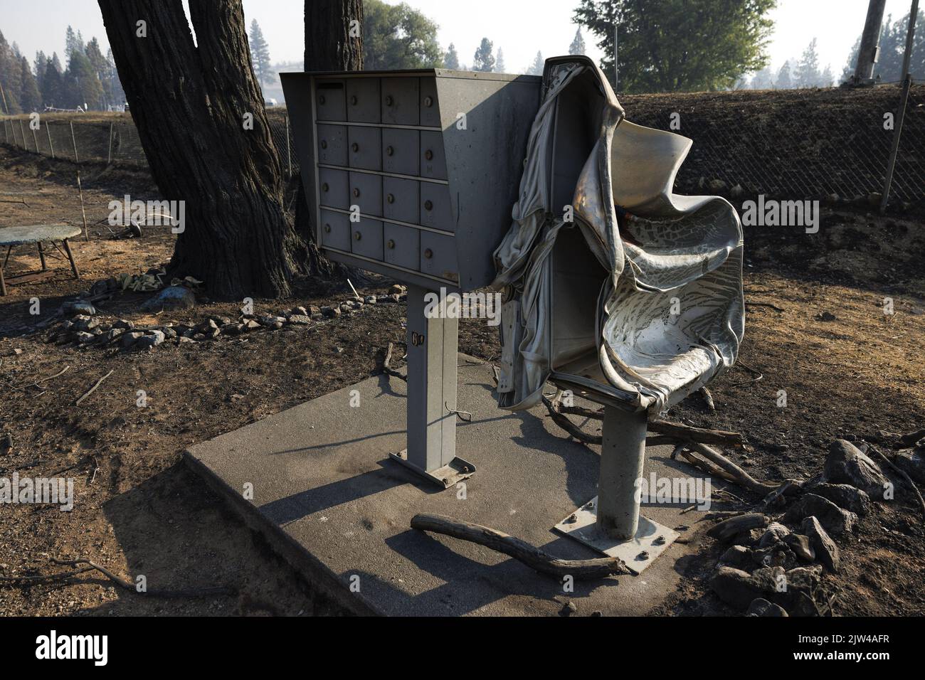 Weed, United States. 23rd Aug, 2022. A view of melted mail boxes in a ...