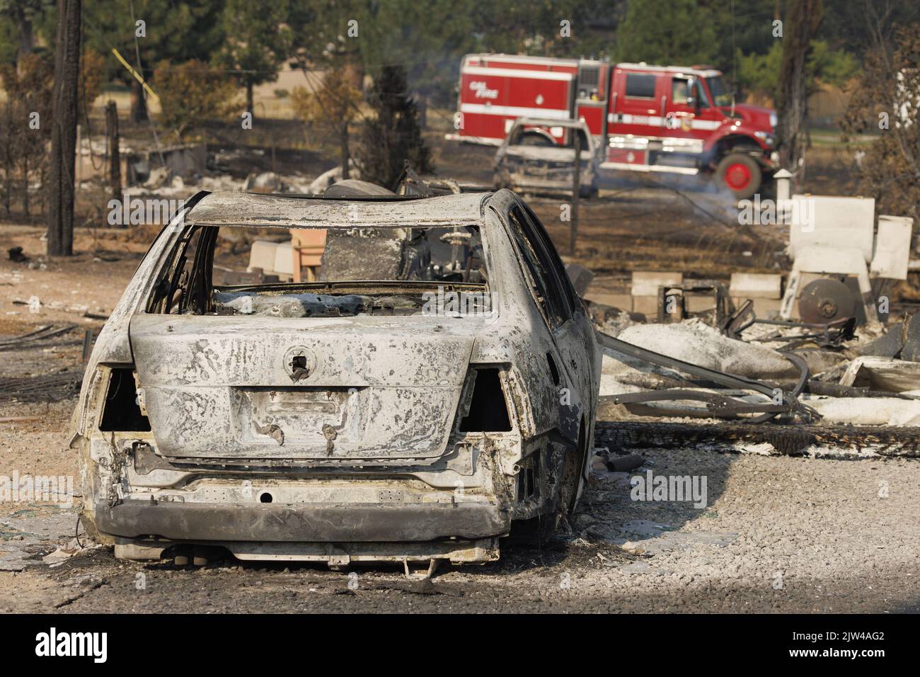 Weed, United States. 23rd Aug, 2022. A view of charred car sitting in ...