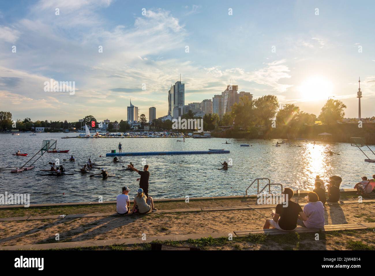 Wien, Vienna: kanu polo paddler in a competition game on oxbow lake ...