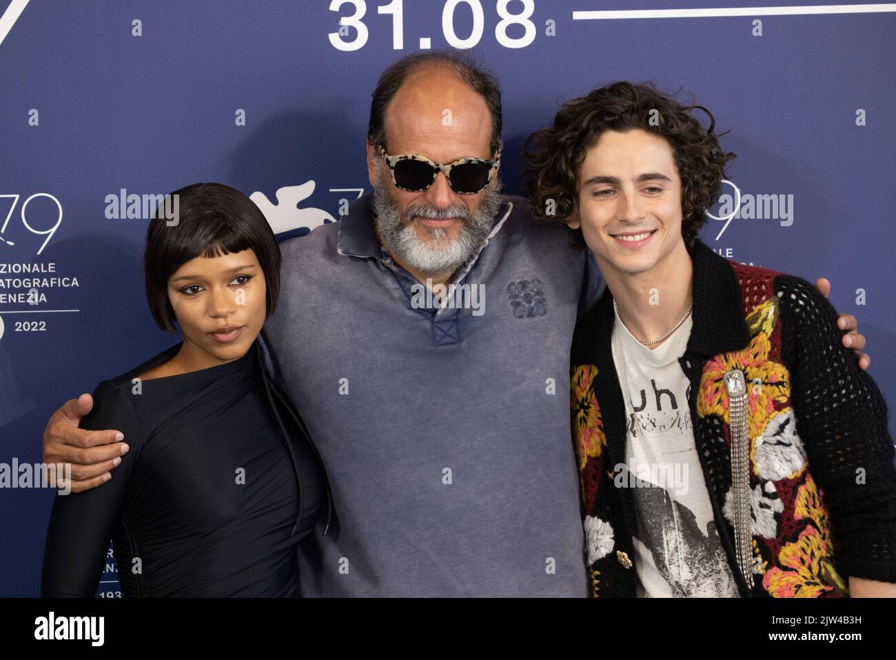 (From L) Canadian actress Taylor Russell, Italian director Luca Guadagnino and French US actor ...
