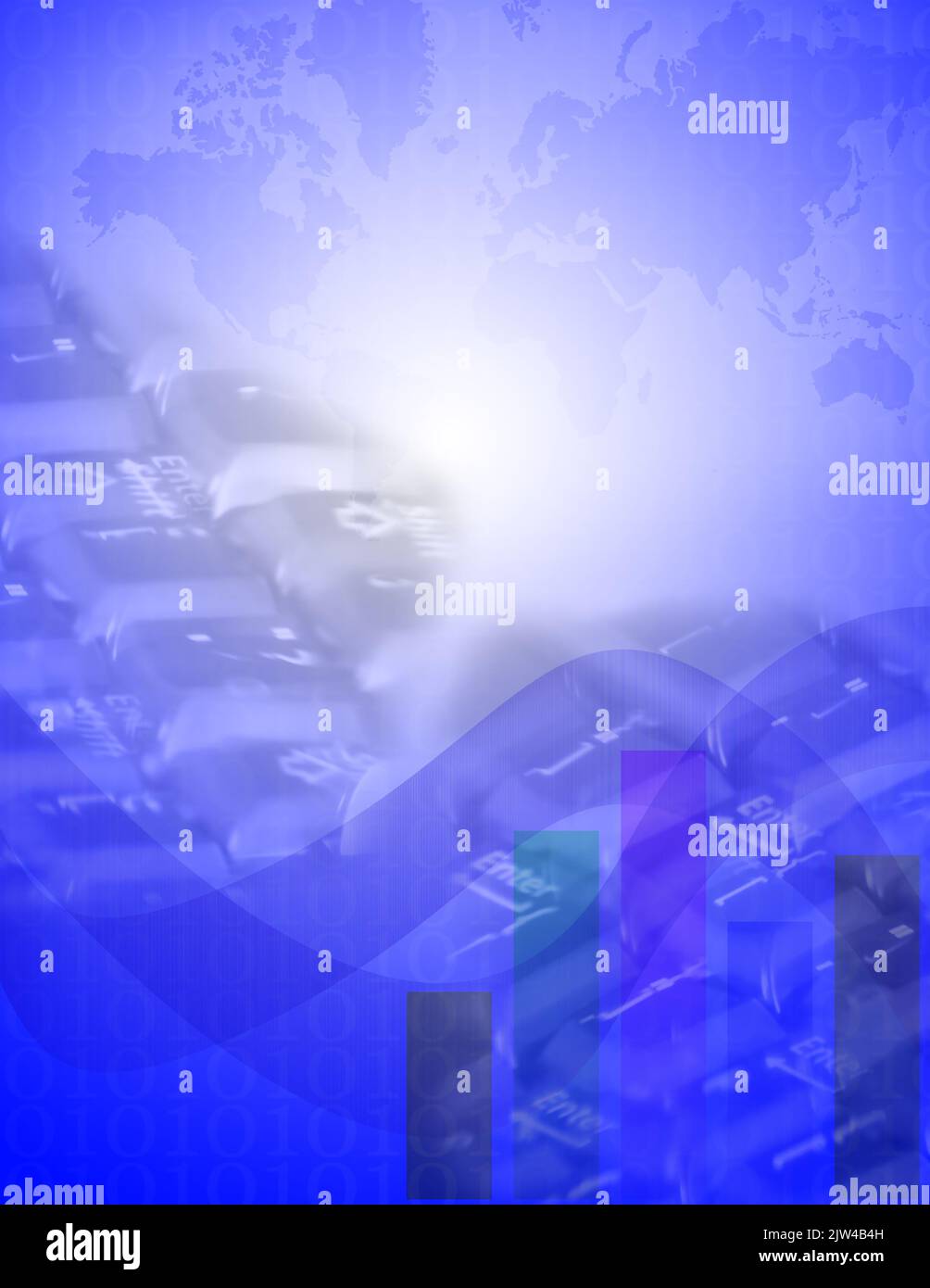 Blue tech background with map of earth, graph and keyboard. 3D ...
