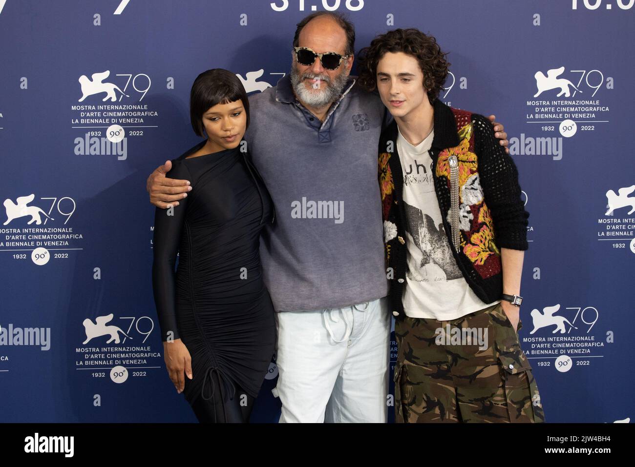 (From L) Canadian actress Taylor Russell, Italian director Luca Guadagnino and French US actor ...