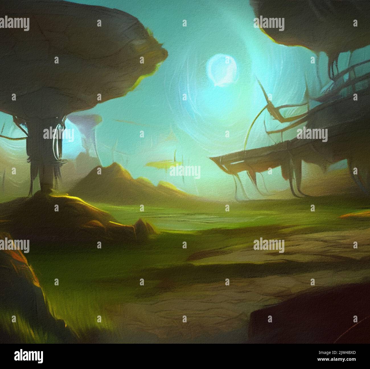 Digital concept art style painting of a whimsical sci-fi environment ...