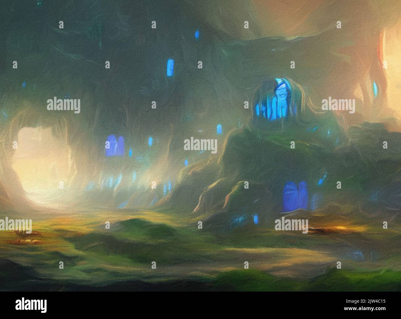 Digital concept art style painting of a whimsical sci-fi environment ...