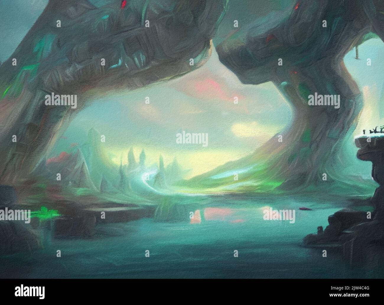 Digital concept art style painting of a whimsical sci-fi environment ...