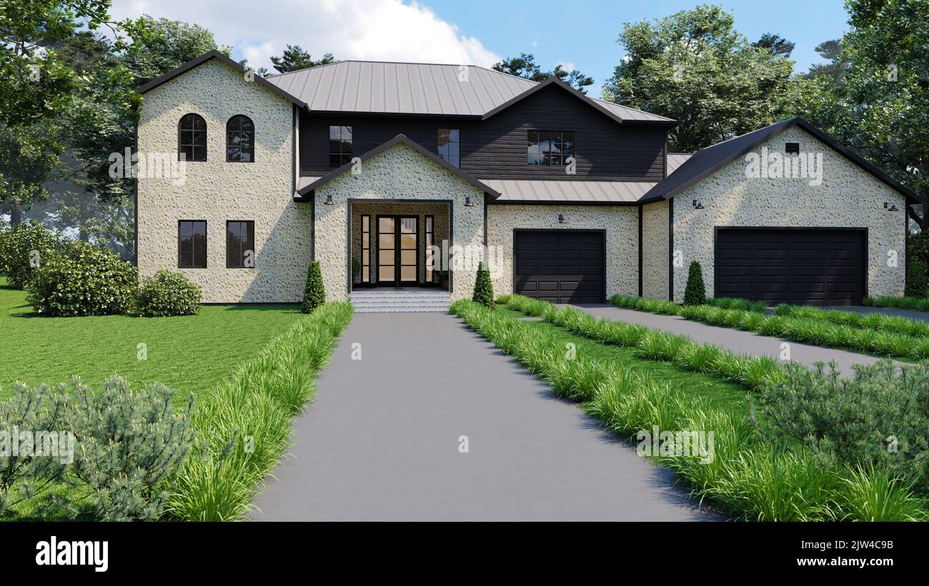 Large beautiful house with two garages. 3d render of a house Stock ...