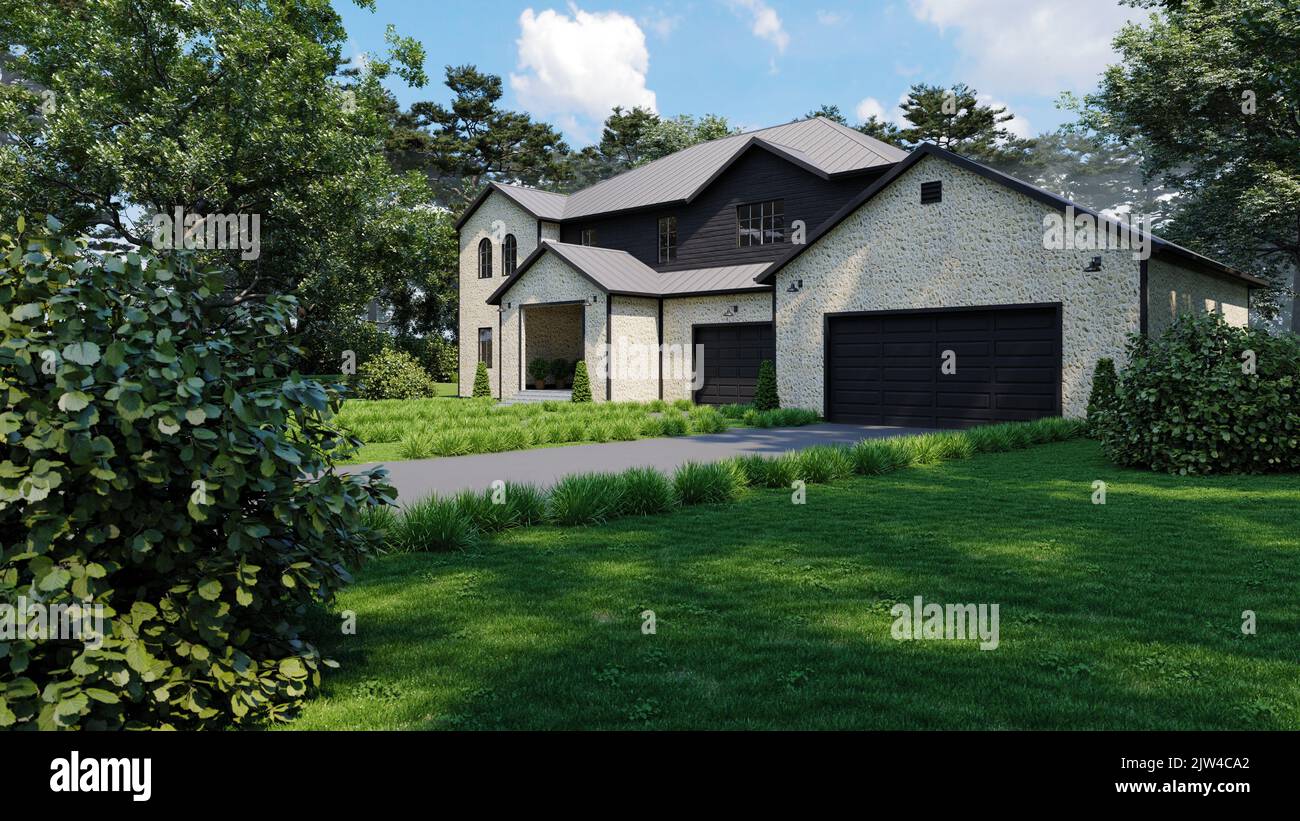 Large beautiful house with two garages. 3d render of a house Stock ...