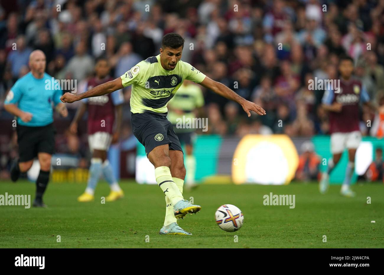 Manchester City's Rodri shoots wide during the Premier League match at ...