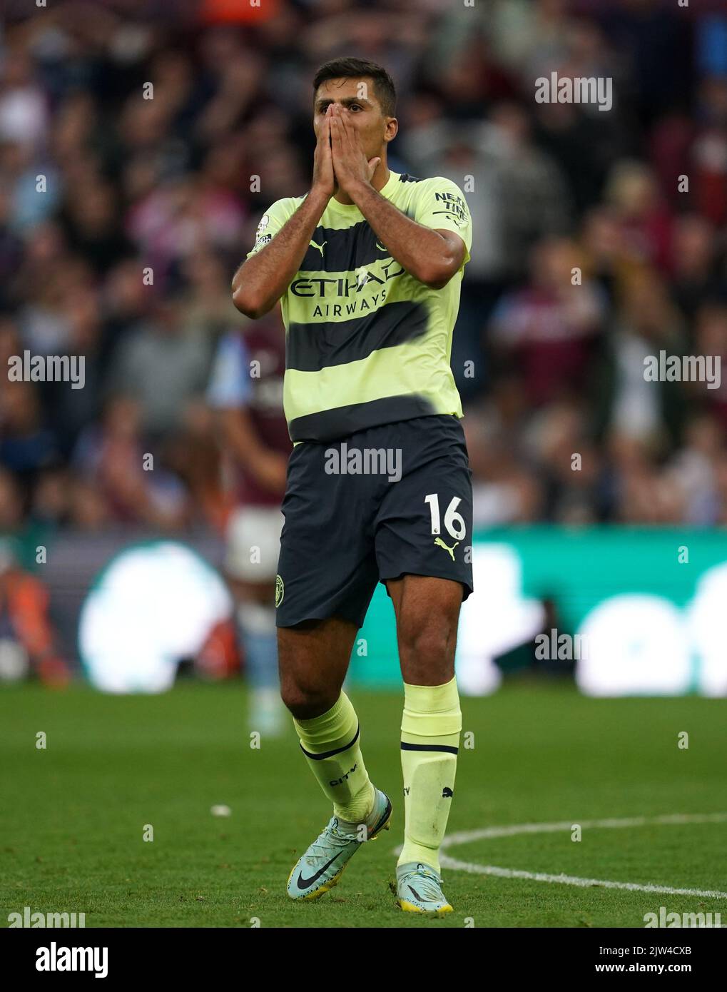 Manchester City's Rodri reacts after shooting wide during the Premier ...