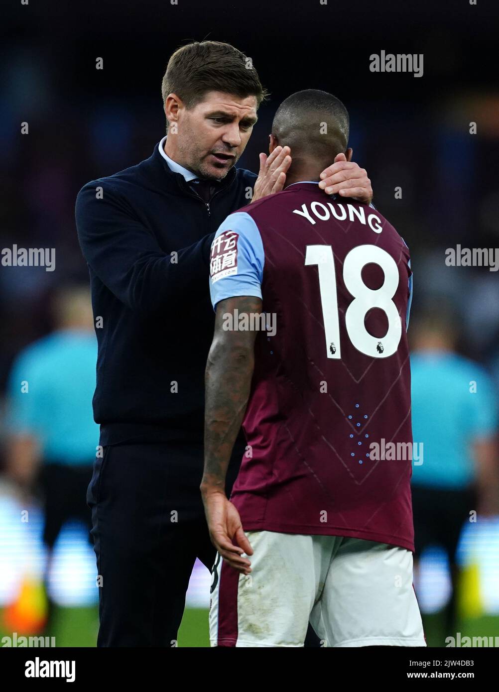 Aston Villa manager Steven Gerrard (left) and Ashley Young after the ...