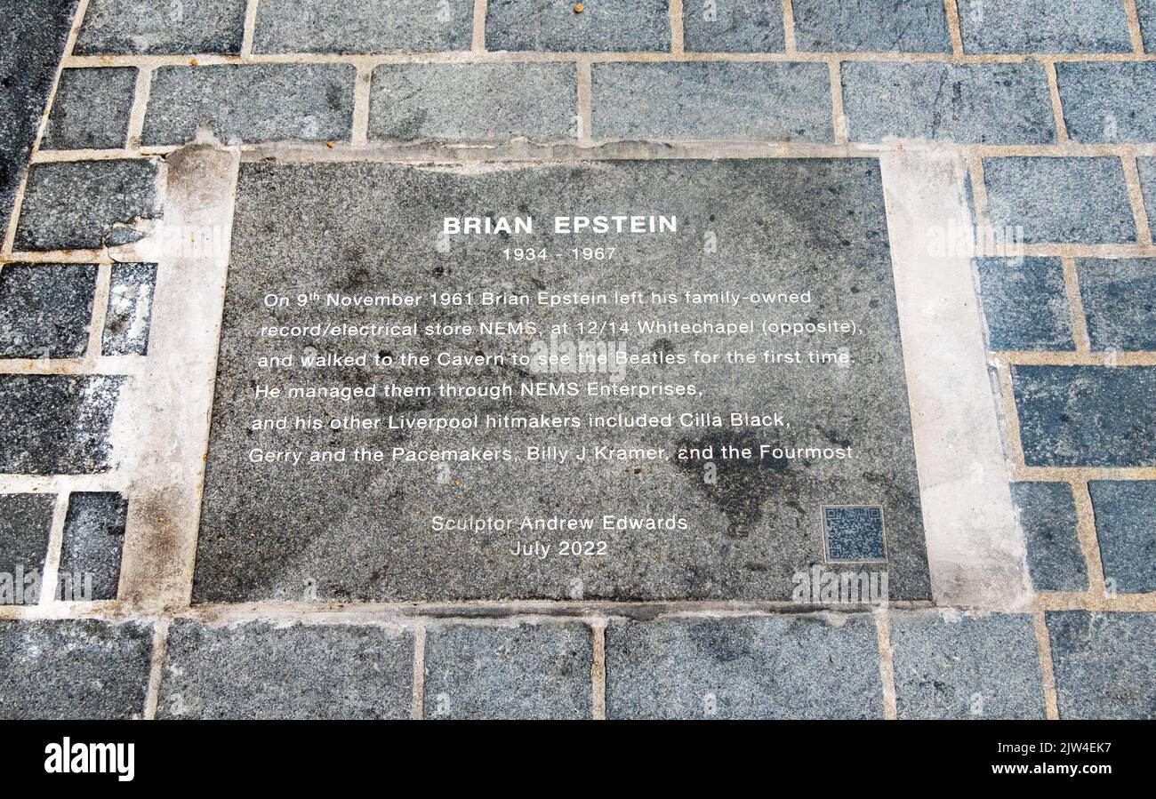 Memorial statement near the Andy Edwards sculpture of Brian Epstein in ...