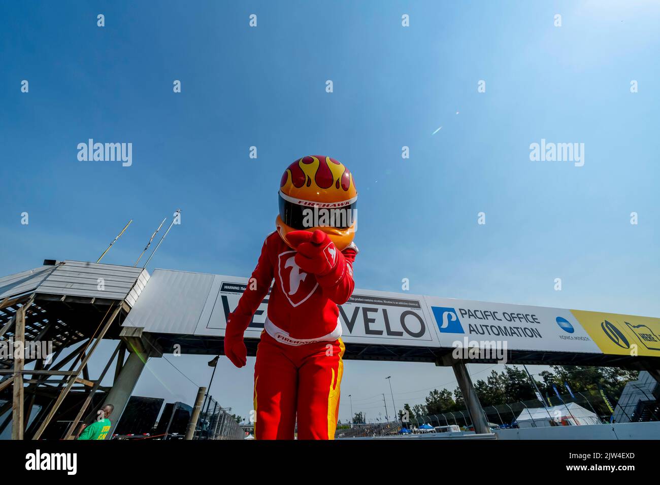 Portland, OR, USA. 2nd Sep, 2022. Firestone's mascot, Firehawk, poses ...