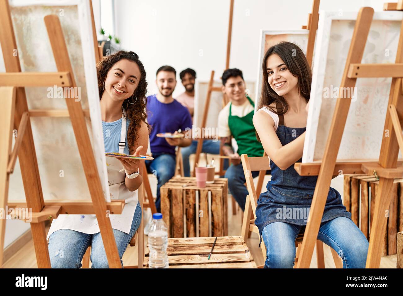 Group of draw students smiling happy drawing at art studio Stock Photo ...