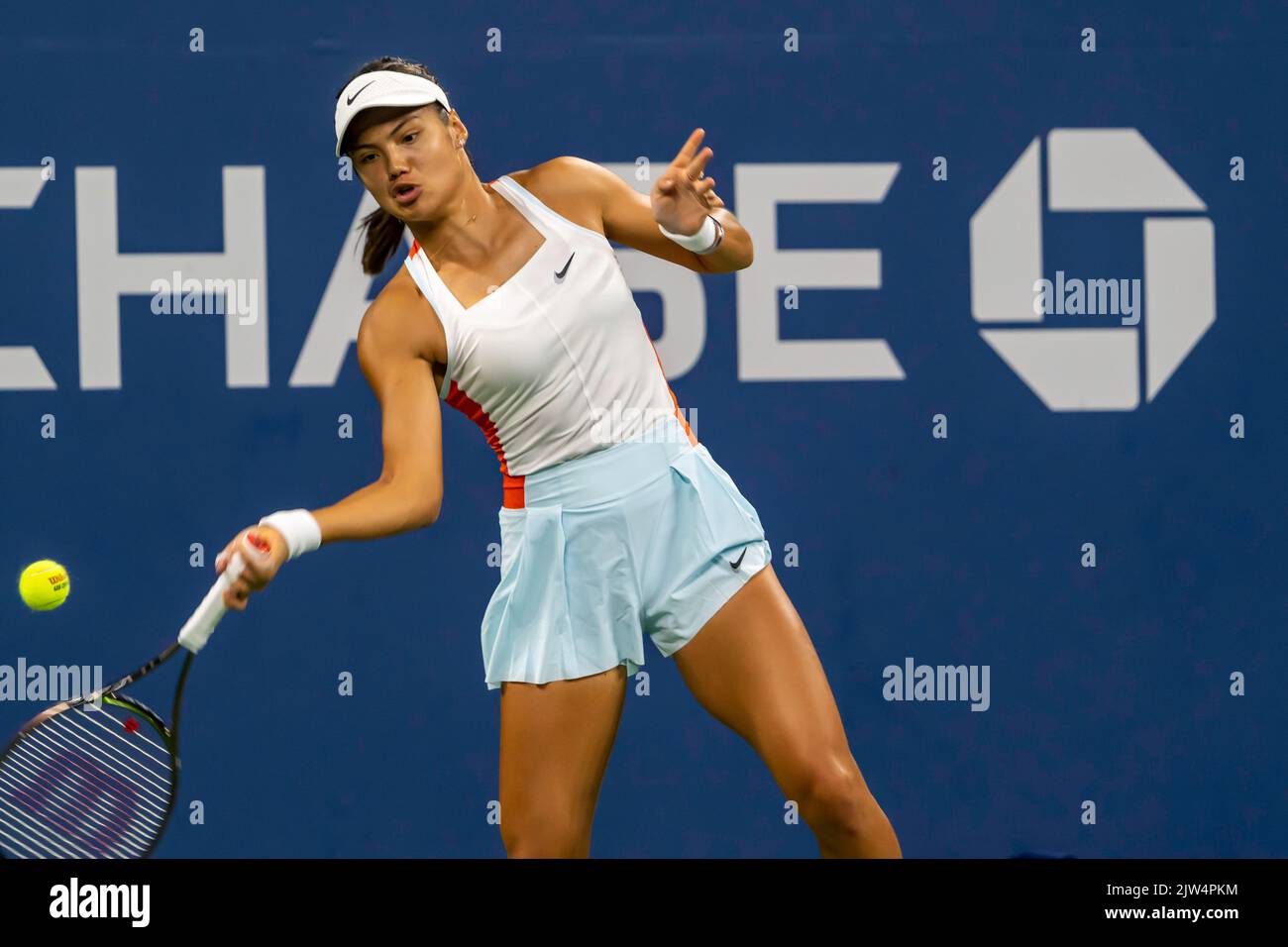 Emma Raducanu (GBR) during her first round loss at the 2022 US Open ...