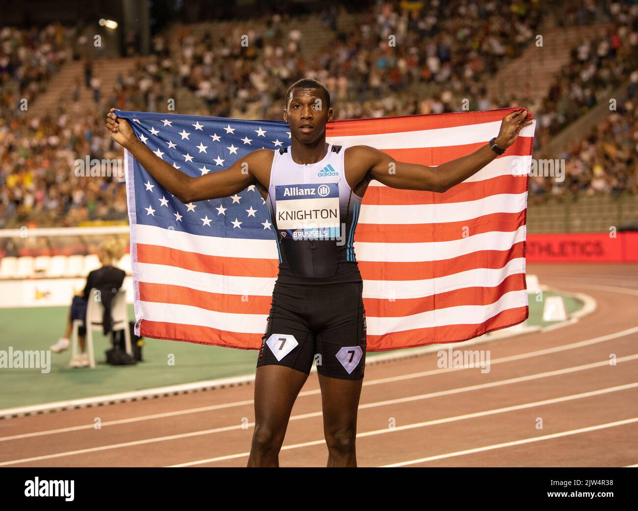 Erriyon Knighton of the USA celebrating his win after competing in the ...