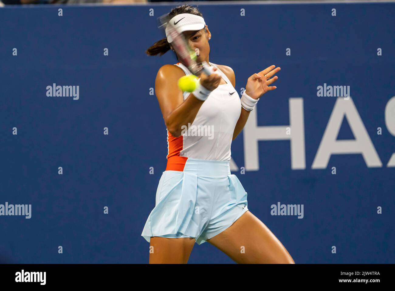 Emma Raducanu (GBR) during her first round loss at the 2022 US Open ...