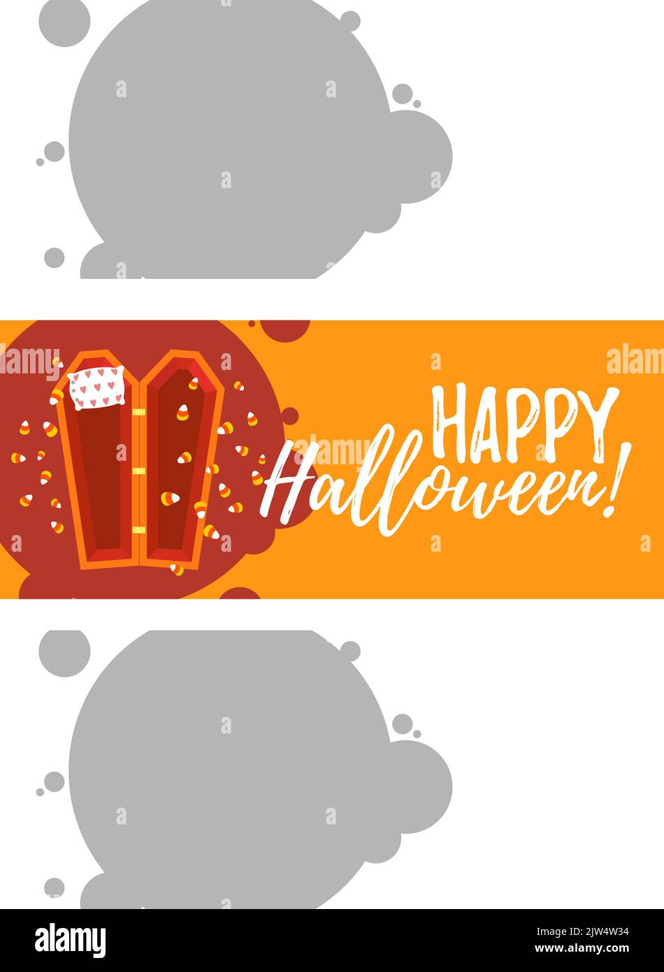 Festive Halloween web banner template. Top view on open coffin with ...
