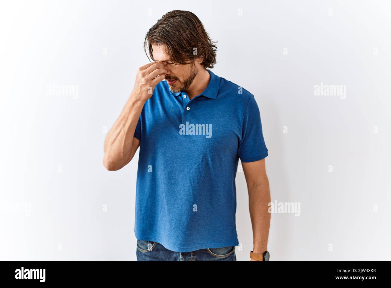 Handsome middle age man standing together over isolated background ...