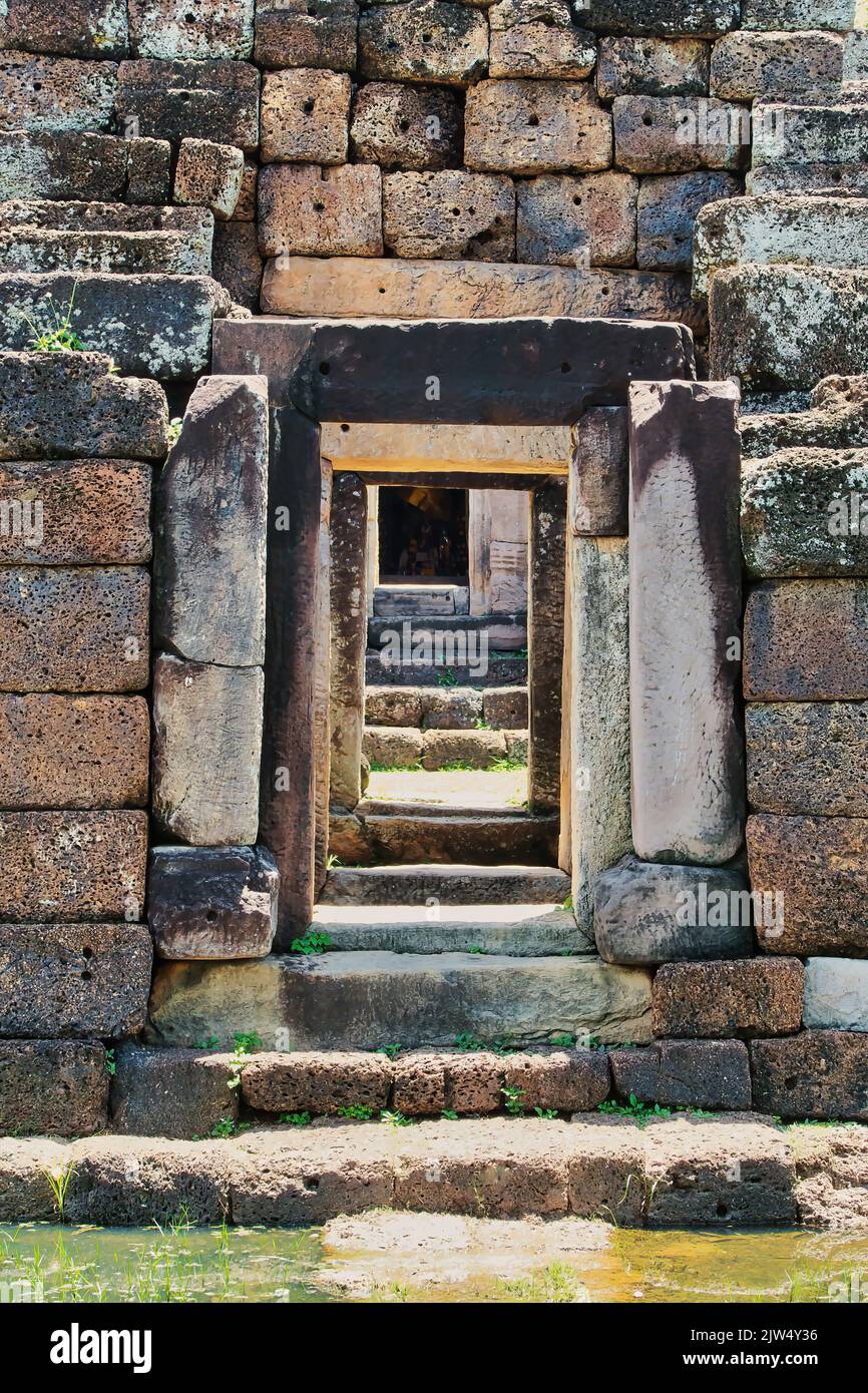 Vista into the ancient, ruined Khmer temple Prang Ku in the city of ...