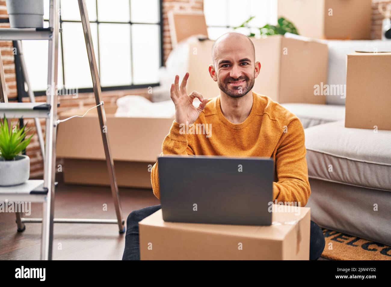 Young bald man with beard moving to a new house using laptop doing ok ...