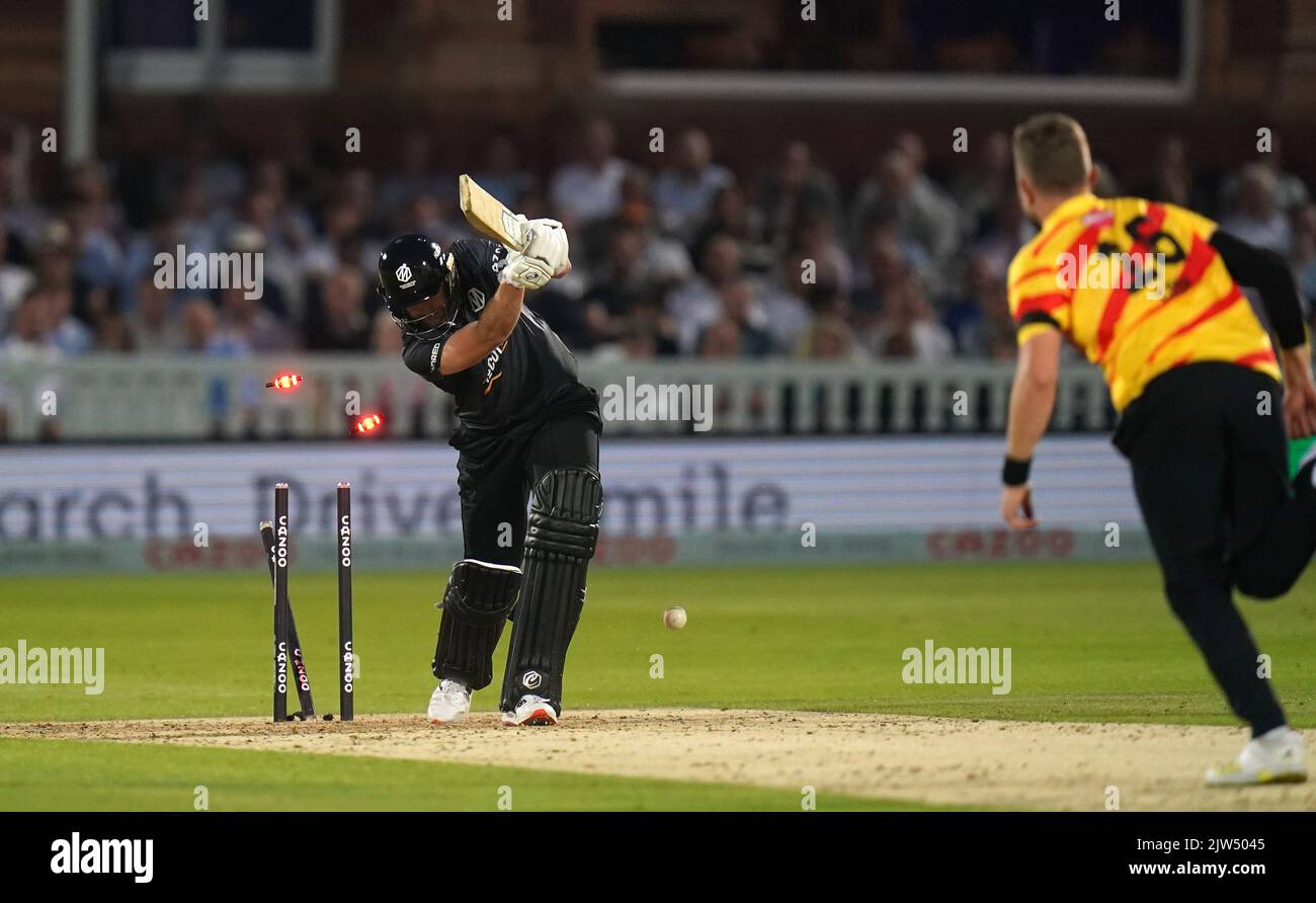 Manchester Originals' Richard Gleeson is bowled by Trent Rockets' Sam ...