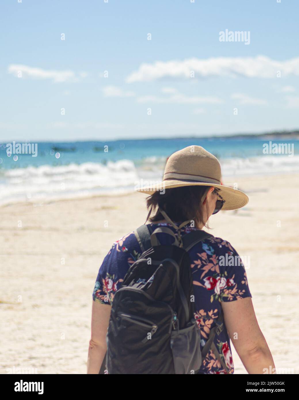 A back view of a woman in summer clothes on a sandy beach with sea ...