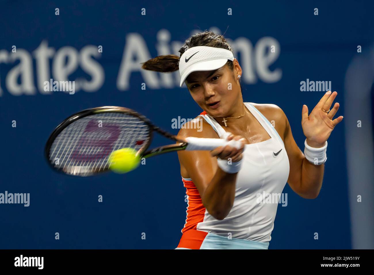 Emma Raducanu (GBR) during her first round loss at the 2022 US Open ...