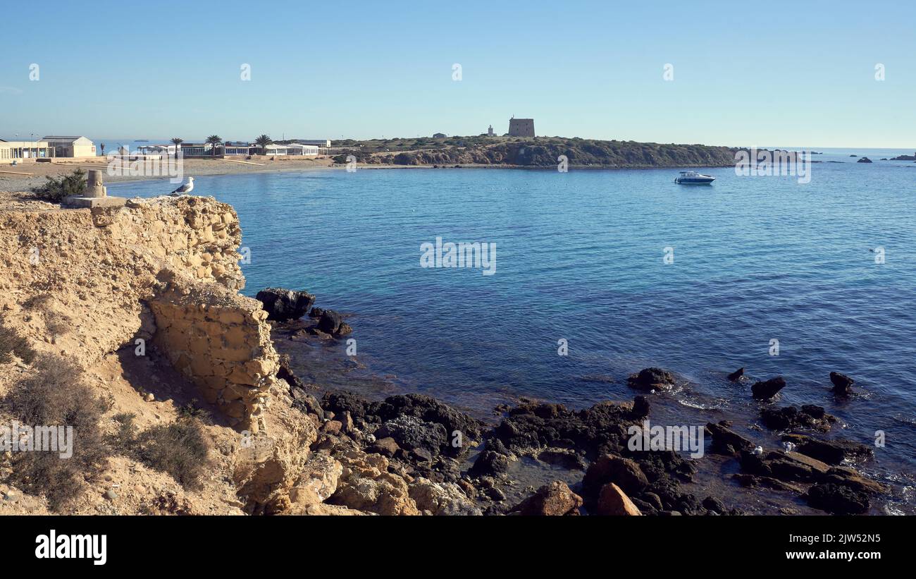 Panoramic of the tabarca island with tower and lighthouse at background ...