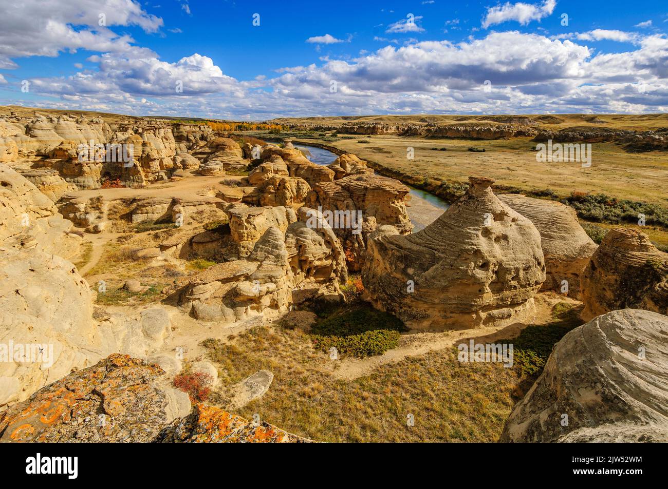 Weathered sandstone rock formations along the Milk River in Writing-On ...