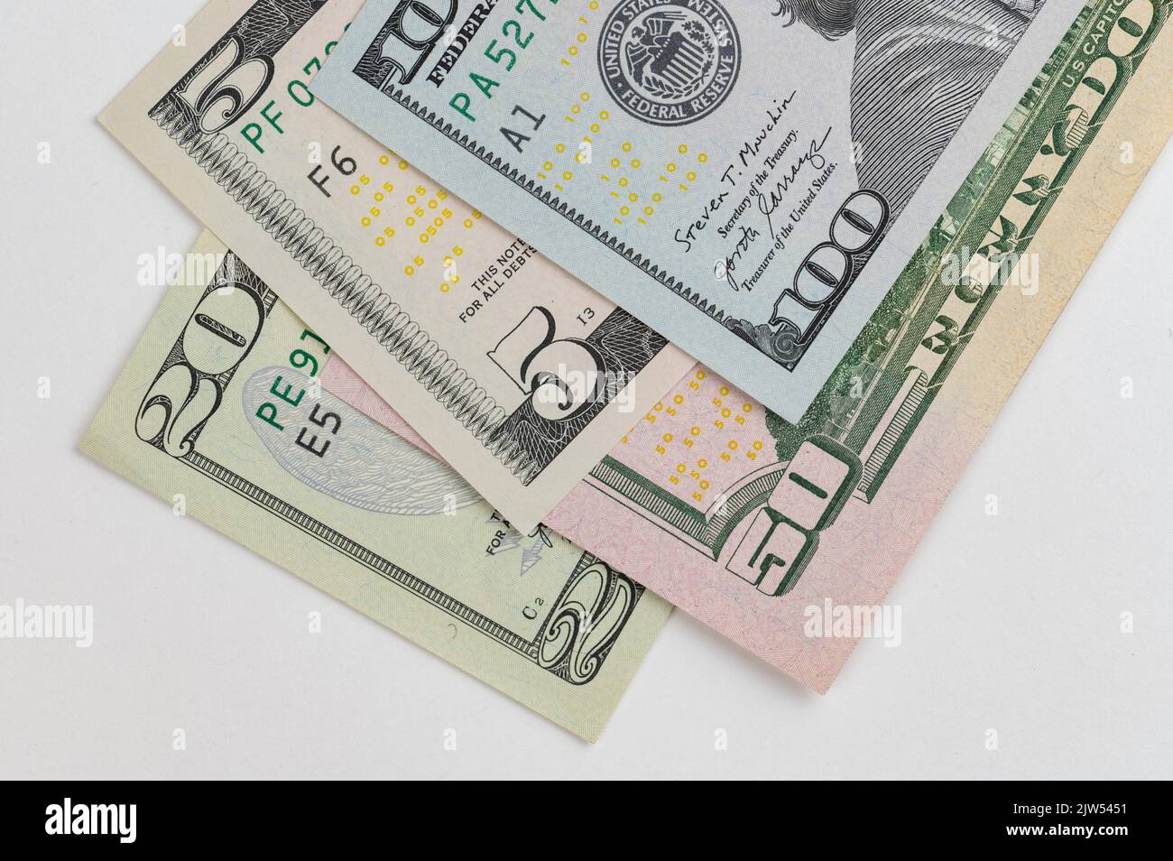 5, 20, 50, 100 dollars banknotes at different angles. Close up of ...