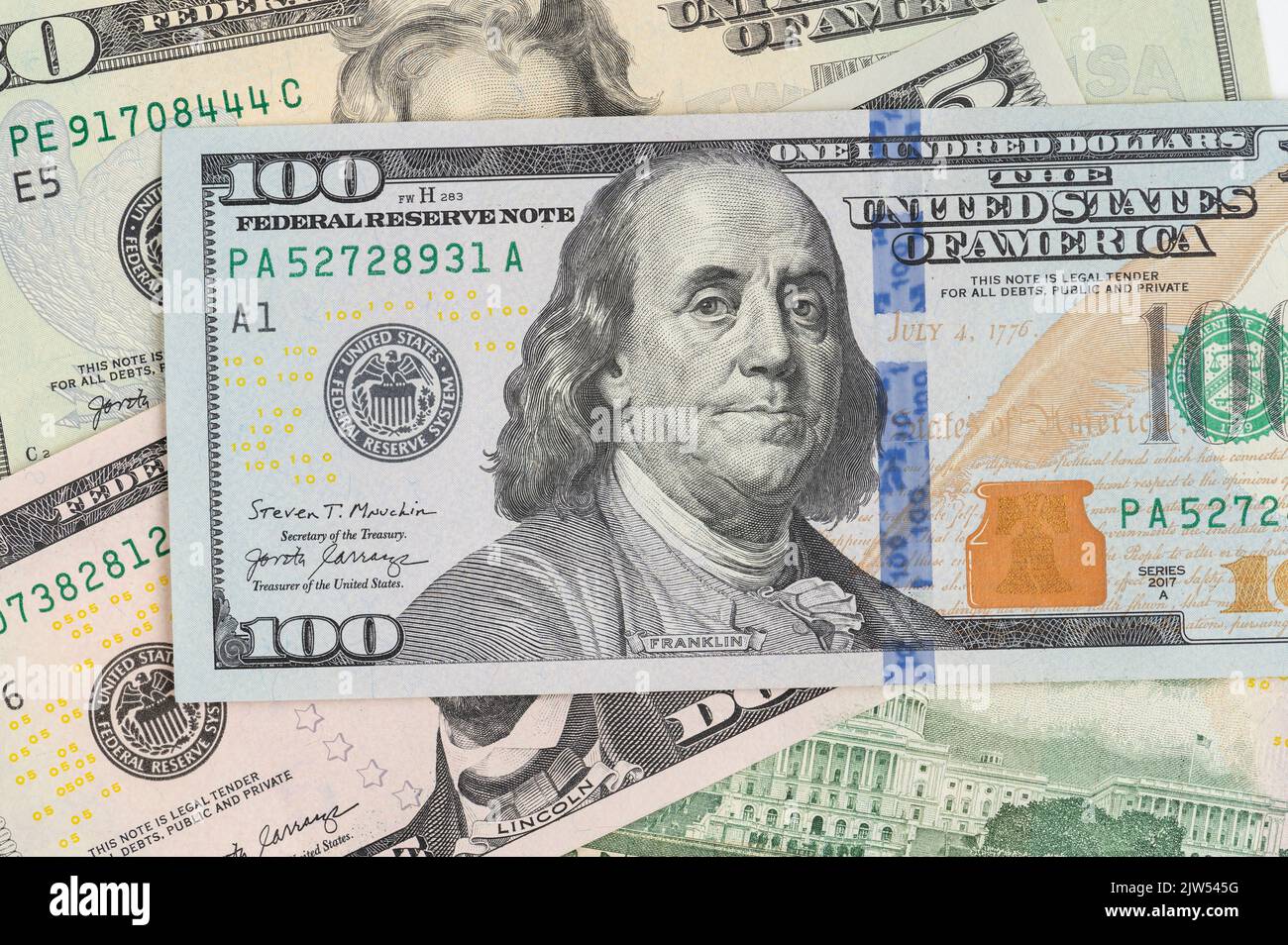 5, 20, 50, 100 dollars banknotes at different angles. Close up of ...