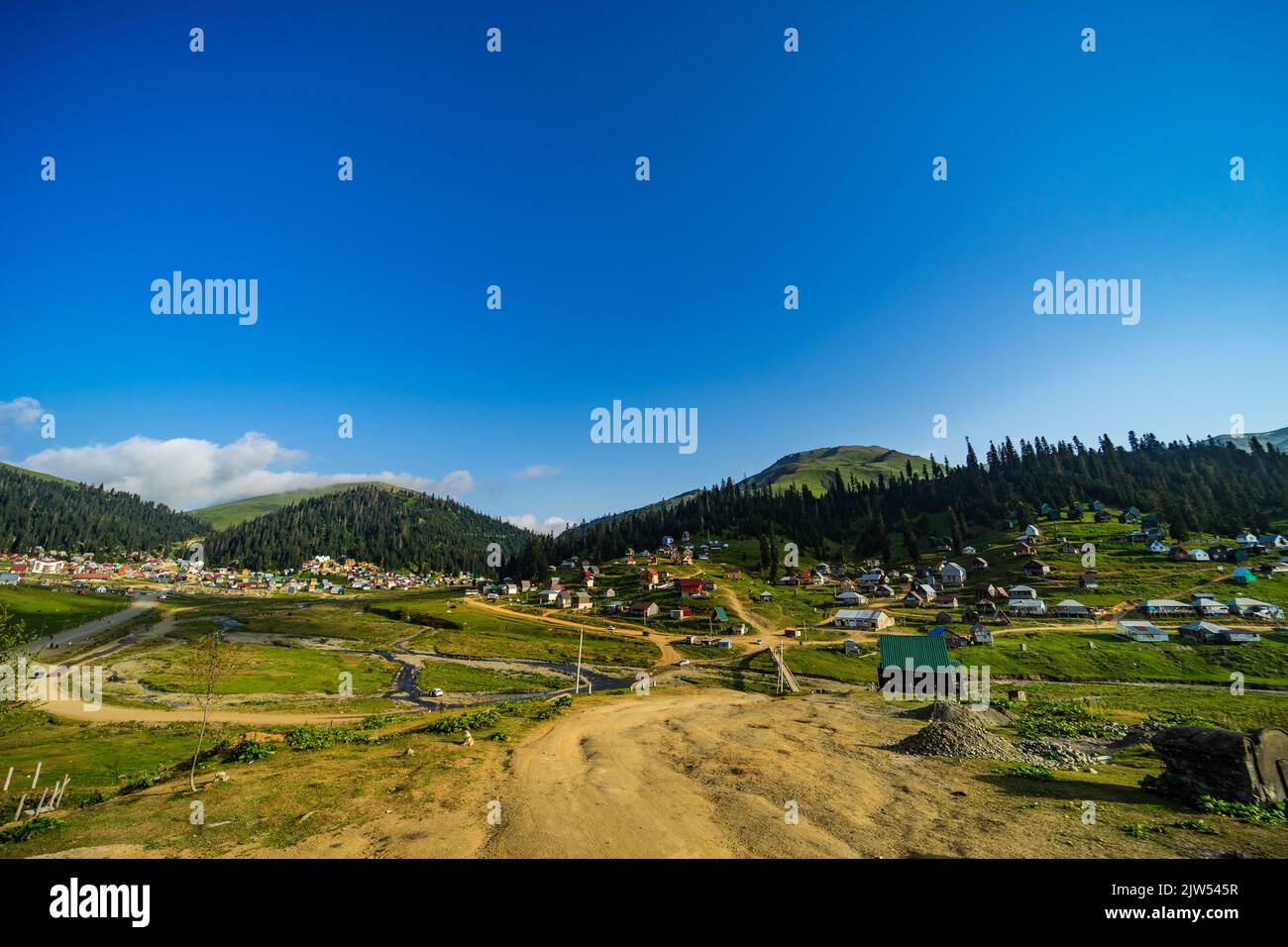 Famous georgian mountain resort Bakhmaro in summer view with old ...