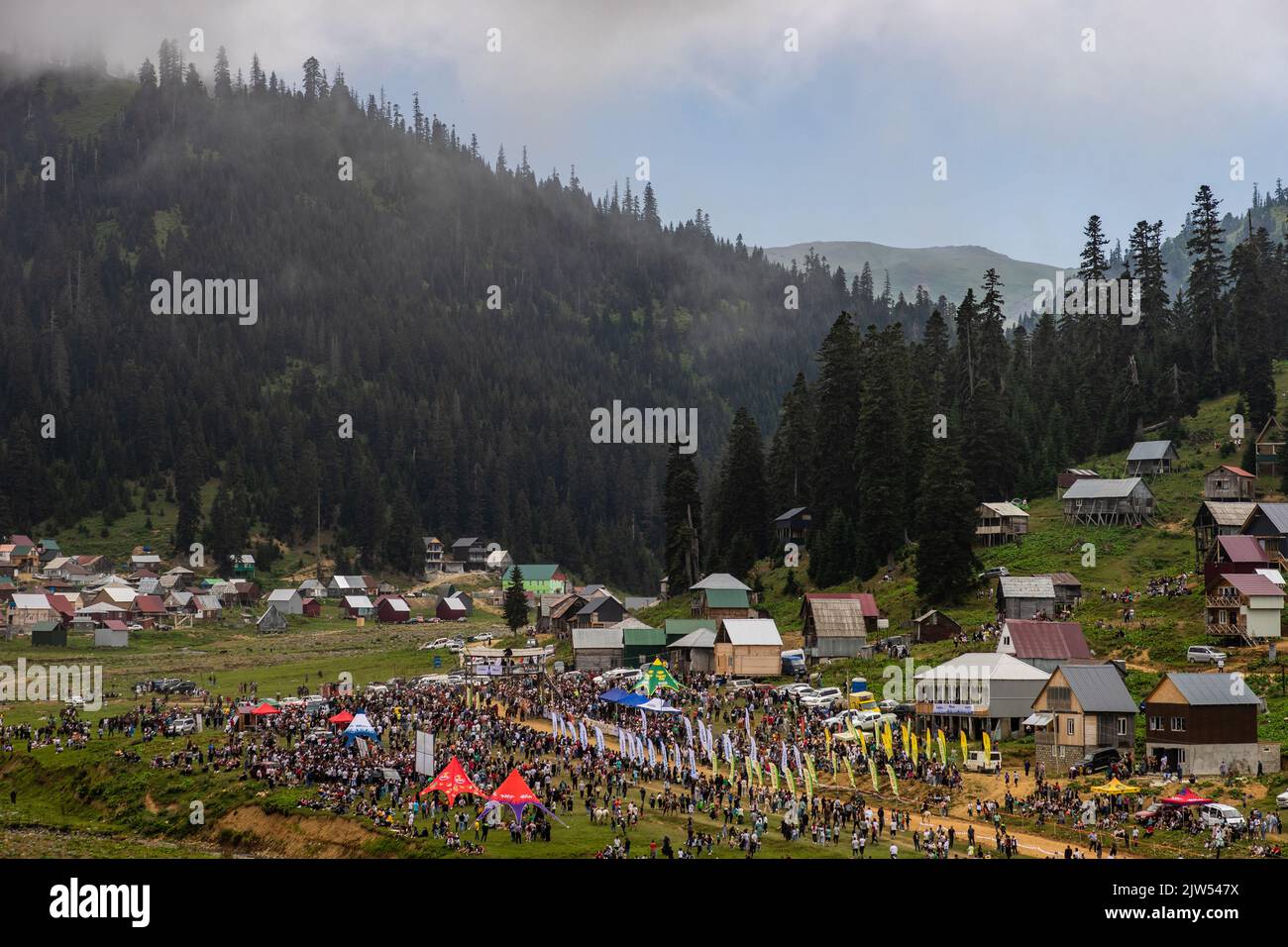 Famous georgian mountain resort Bakhmaro in summer view with old ...