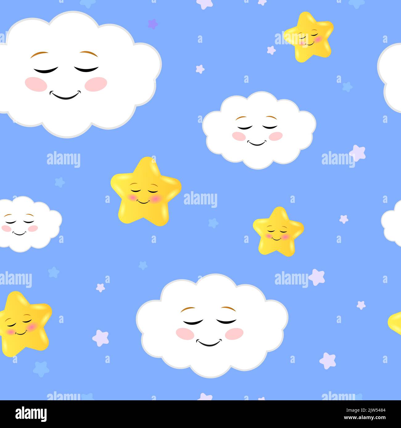 Smiling sleeping clouds and stars vector pattern. Cute sky seamless ...