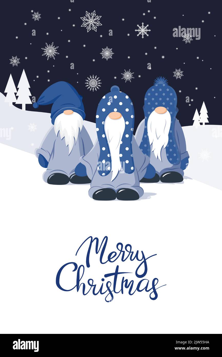 Christmas card with three cute dwarfs on a winter background with ...