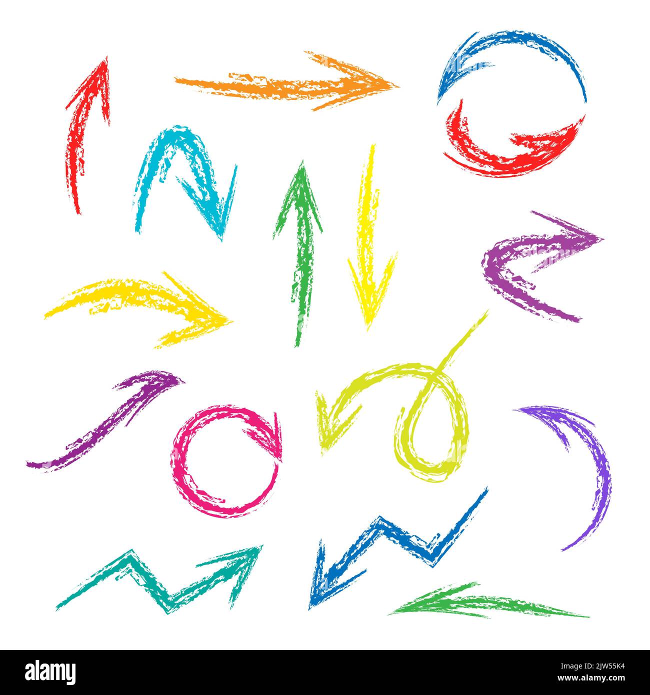 Set of hand drawn wax crayon fun colorful arrows. Hand painting design ...