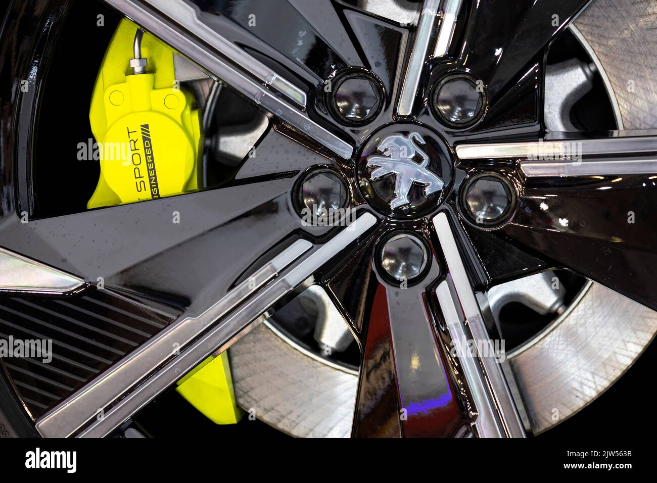 Sofia, Bulgaria - 3 June, 2022: Close-up of Peugeot logo is seen on a wheel of a car at Sofia ...