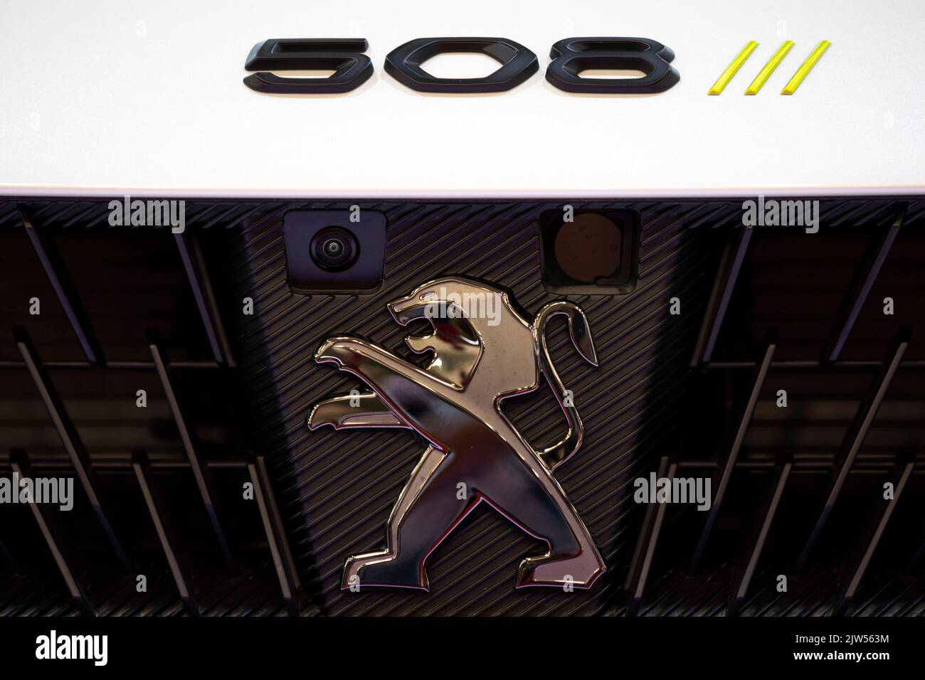 Sofia, Bulgaria - 3 June, 2022: Close-up of Peugeot 508 logo is seen at ...