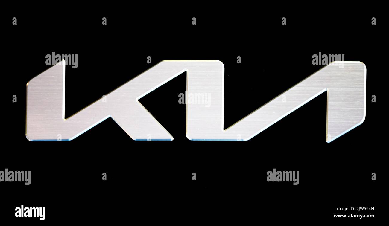 Sofia, Bulgaria - 3 June, 2022: Close-up of Kia logo on black is seen ...