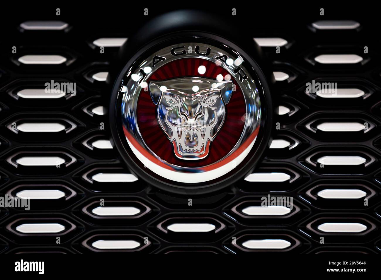 Sofia, Bulgaria - 3 June, 2022: Close-up of Jaguar logo is seen on a ...