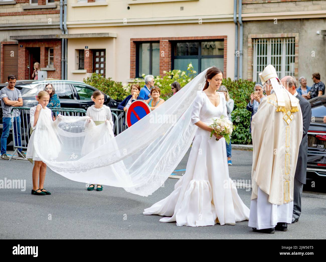 Caroline Philippe arrive at the Eglise Saint-Michel in Pont-l Eveque ...