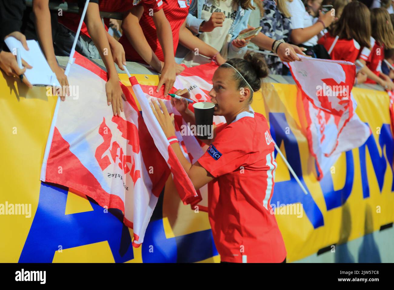 September 3, 2022: Nicole Billa signs flags after the FIFA WWC ...